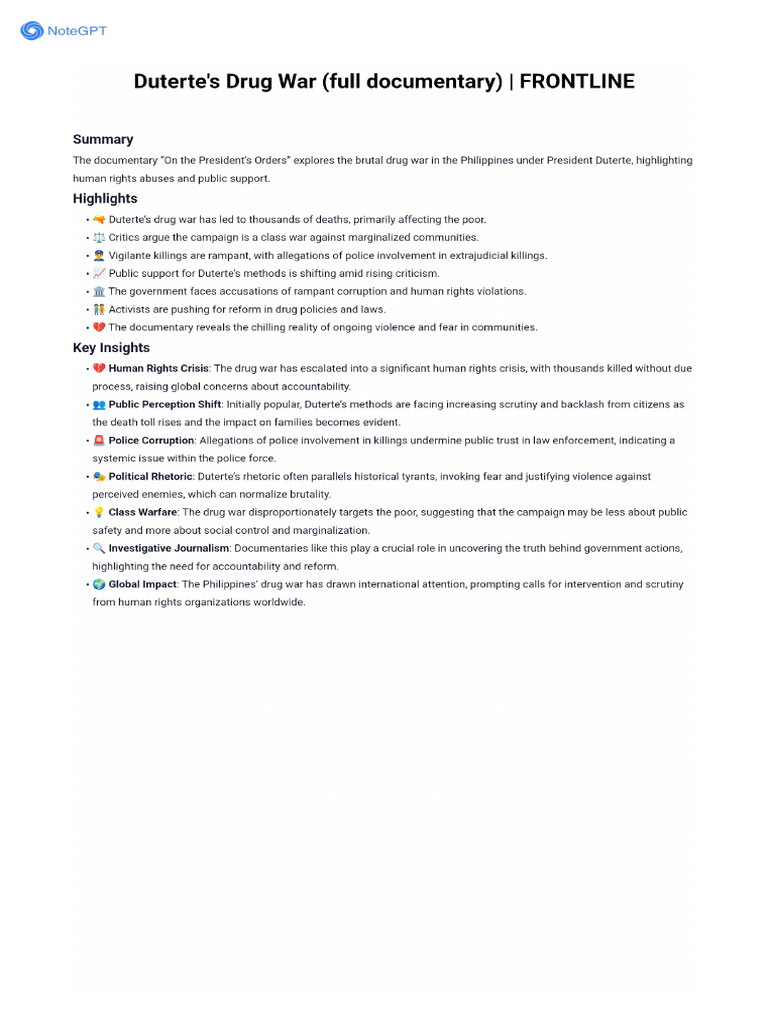 NoteGPT - Summary - Duterte's Drug War (Full Documentary) - FRONTLINE | PDF