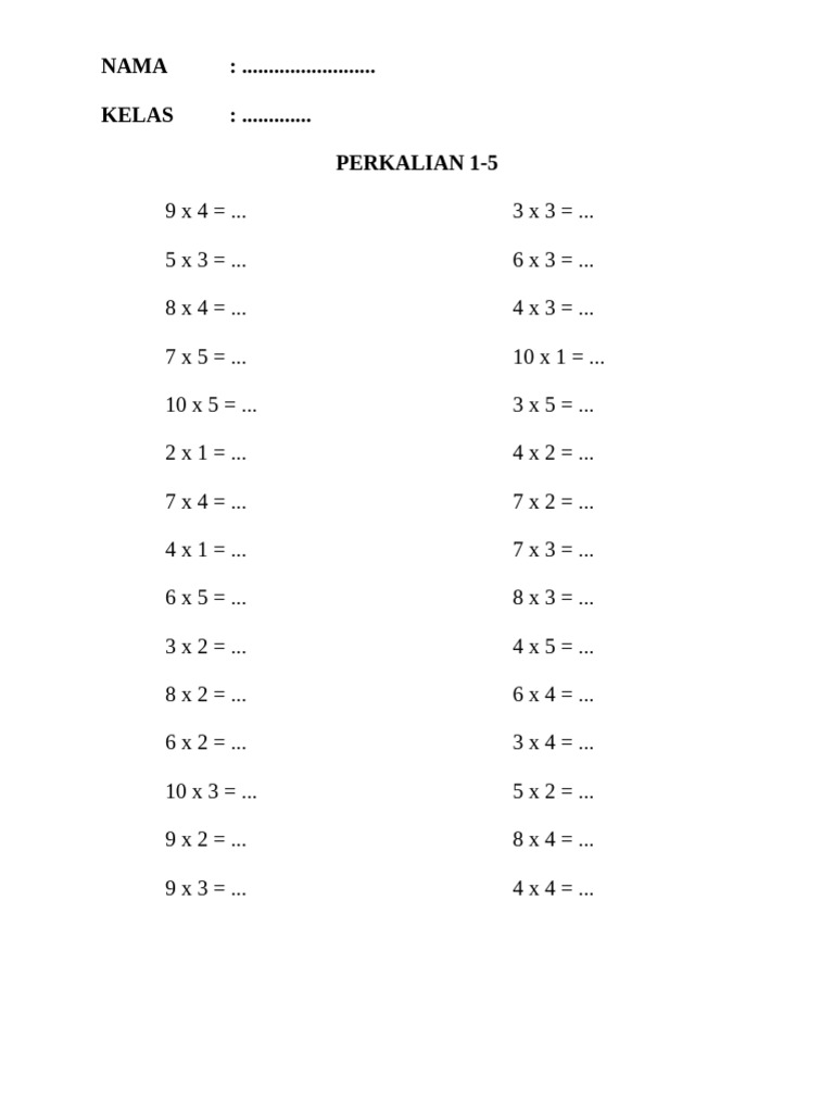 Soal Perkalian Kelas 5 Level 1 | PDF