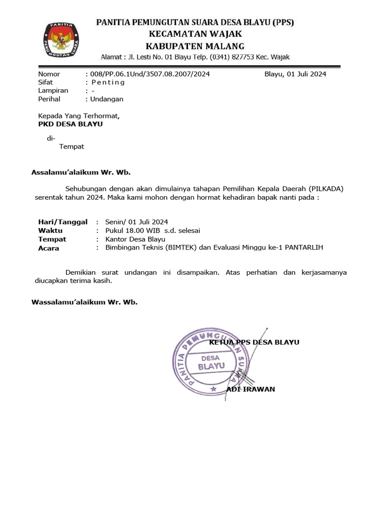 Undangan Bimtek Pilkada 2024 Desa Blayu | PDF