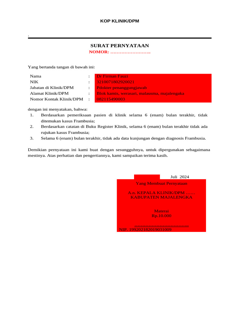 Surat Penyataan Bebas Frambusia Klinik & DPM | PDF