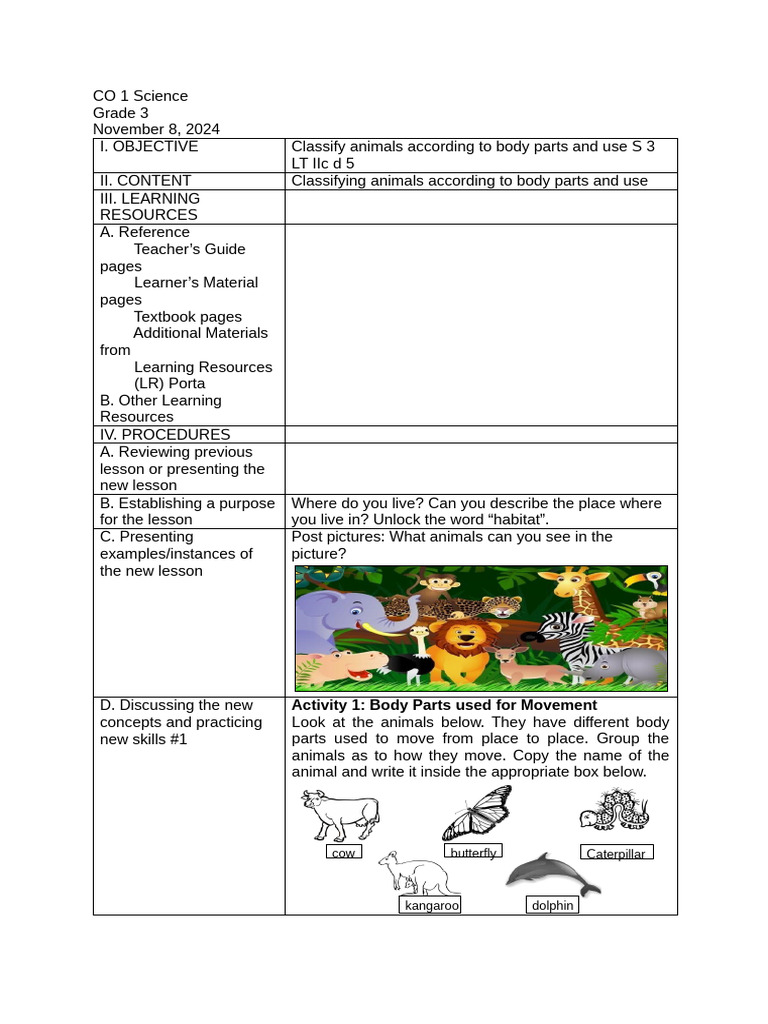 Cot Science Classifying Body Parts and Use of Animals | PDF | Learning | Cognition