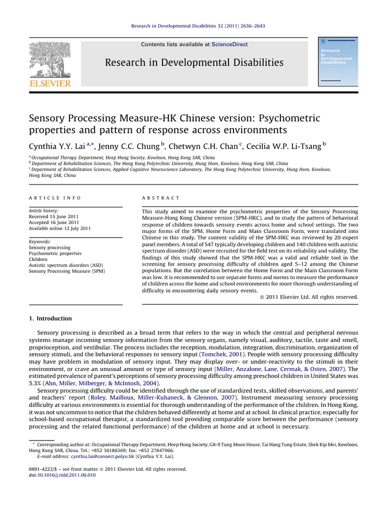 Sensory Processing Measure HK Chinese Ve | PDF | Validity (Statistics ...