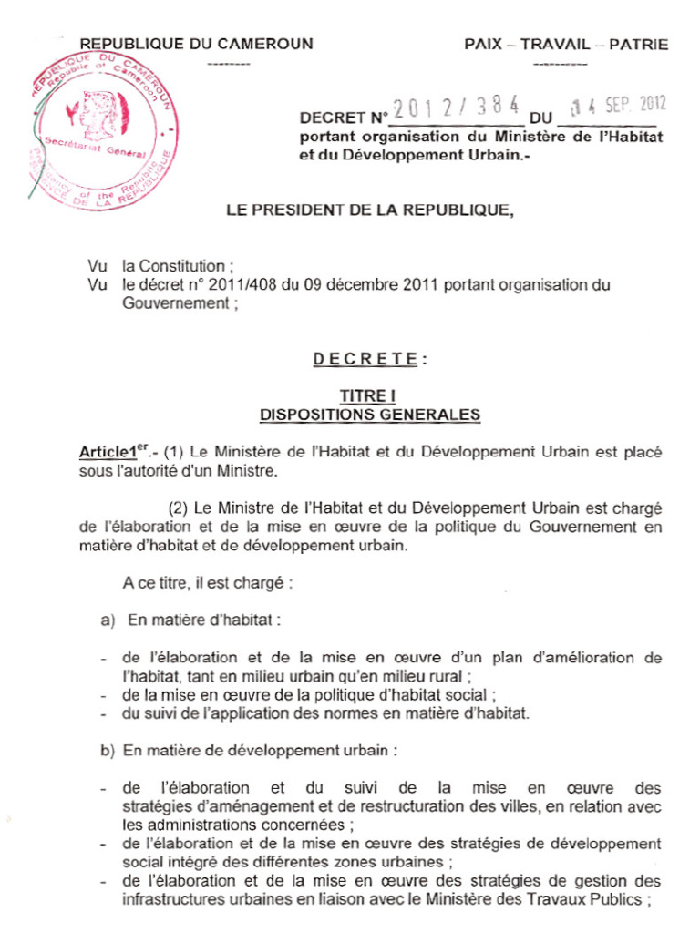 Decret Organigramme Minhdu 2012 | PDF
