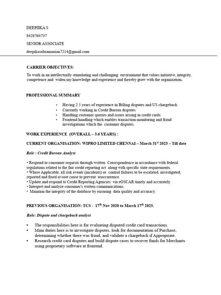 Deepika Resume 2024. | PDF | Credit Bureau | Credit Card
