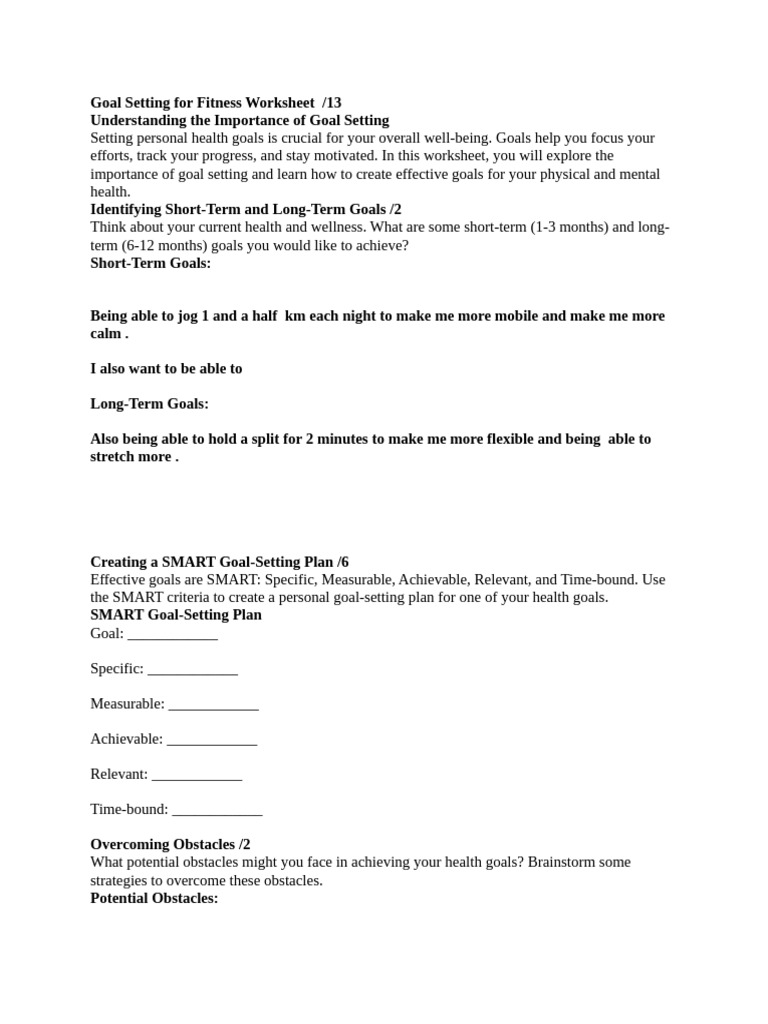Goal Setting Grade 8 Fitness | PDF