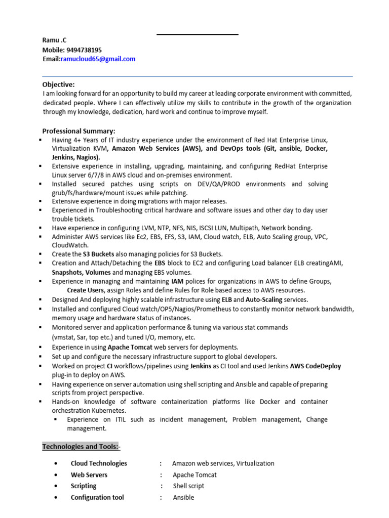 Objective:: Aws/Cloud Engineer | PDF | Cloud Computing | Amazon Web Services