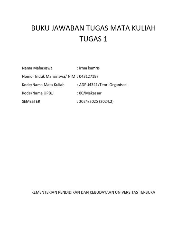 BJT - ADPU4341 Teori Organisasi Tugas 1 | PDF