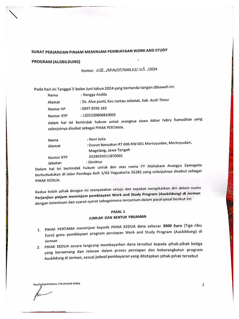 Surat Perjanjian Pinjam Meminjam Pembiayaan Work and Study Program (Ausbildung) - 1 | PDF