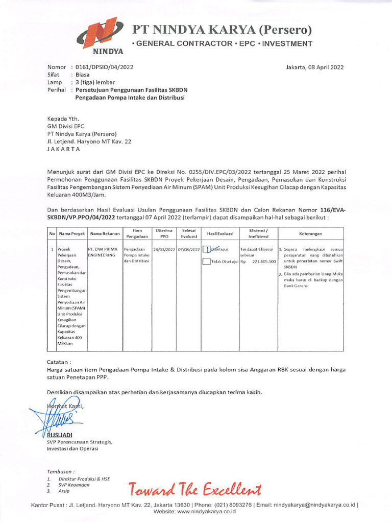 Hasil Evaluasi SKBDN Pompa Intake Dan Distribusi PT Dwi Prima Engineering Proyek SPAM Cilacap ...