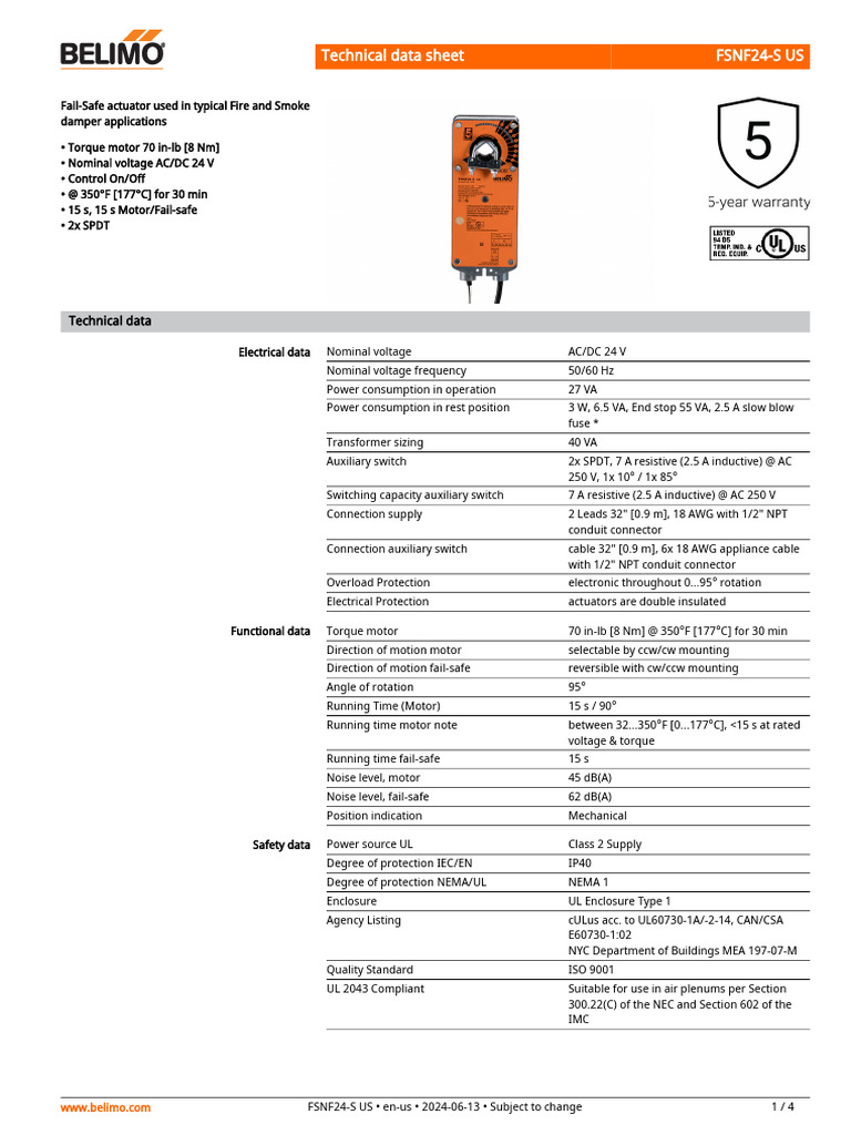 Belimo FSNF24-S Fire & Smoke Actuator | PDF | Electric Motor ...
