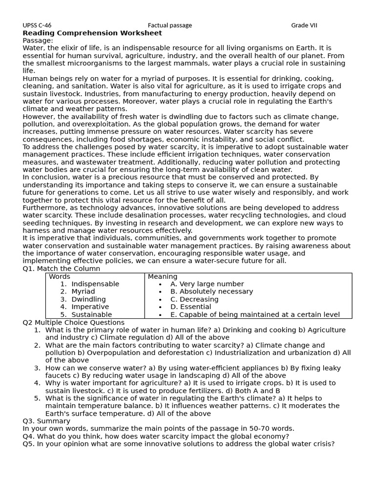 Factual Reading Comprehension Worksheet | PDF | Water | Water Conservation