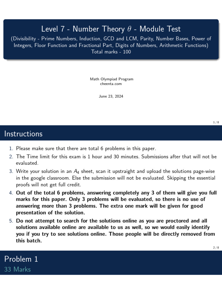 Level 7 Number Theory Theta Module Test | PDF | Numbers | Elementary ...