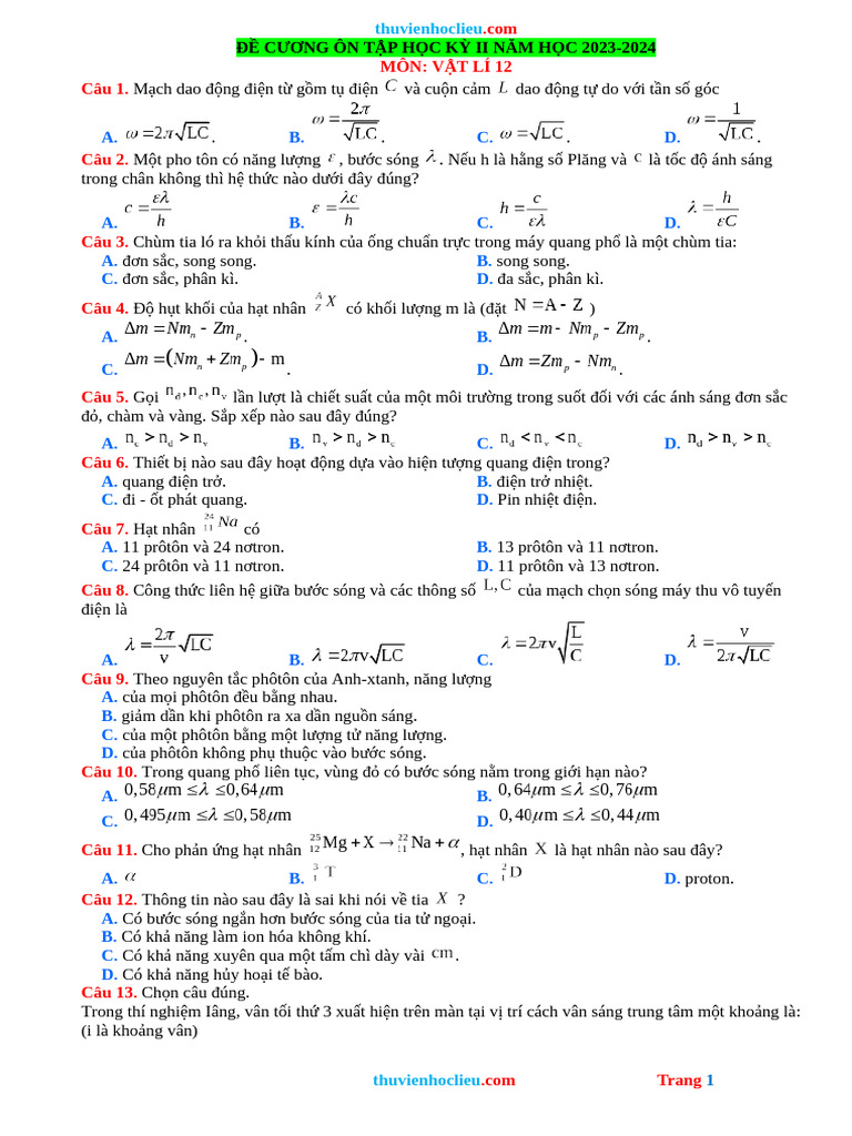 De Cuong On Tap HK2 Ly 12 Nam 23 24 | PDF