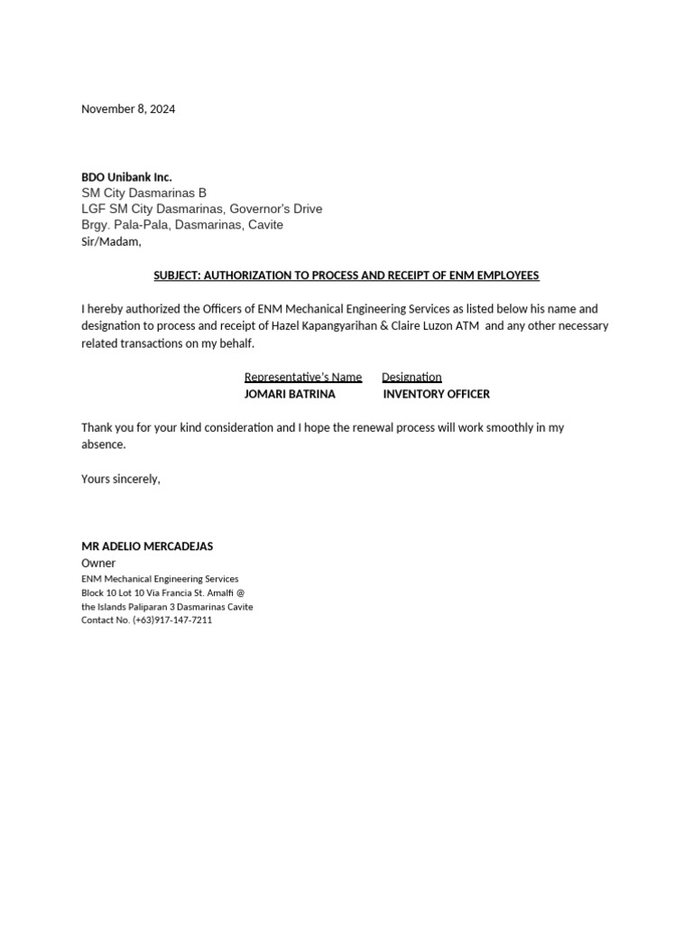 Authorization - Bank Receipt Certification | PDF | Finance & Money ...