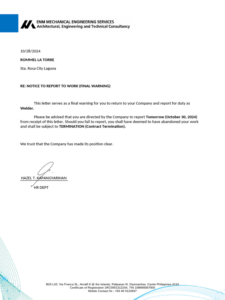 Letter To Report To Work | PDF