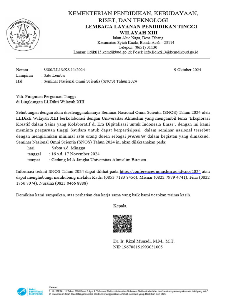 Seminar Nasional (SNOS) 2024 Dan Permintaan Dosen Sebagai Presenter | PDF
