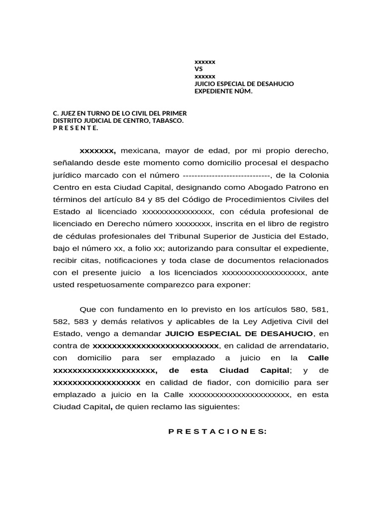 Formato Demanda Civil (Juicio Desahucio) | PDF | Demanda judicial ...