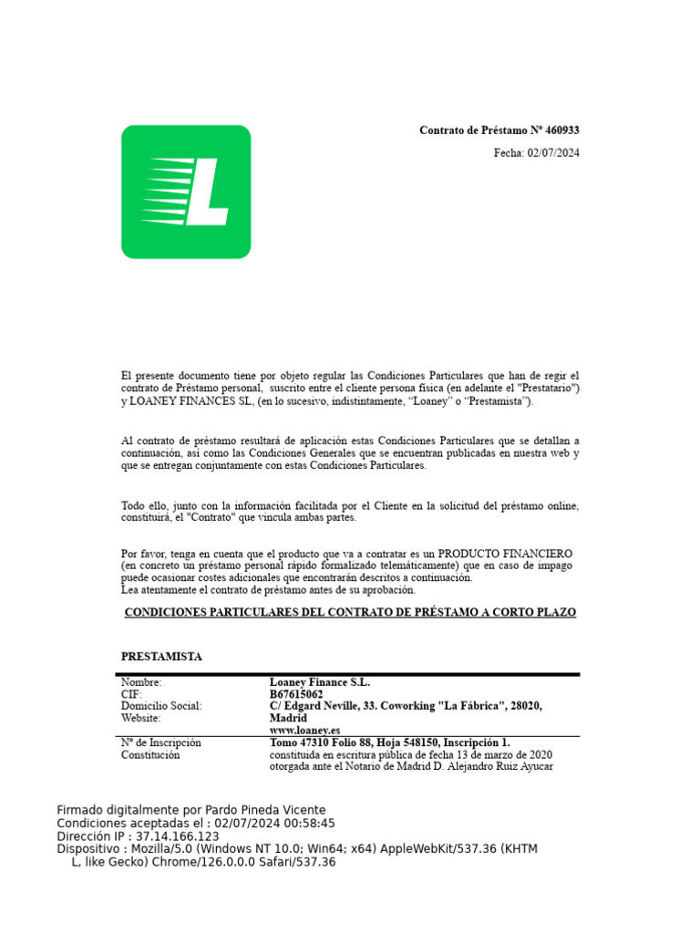 Contrato de Préstamo Personal Loaney | PDF | Interés