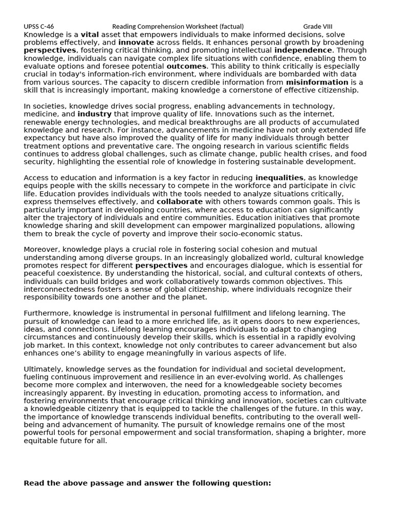 Reading Comprehension Worksheet Factual VIII | PDF | Knowledge ...