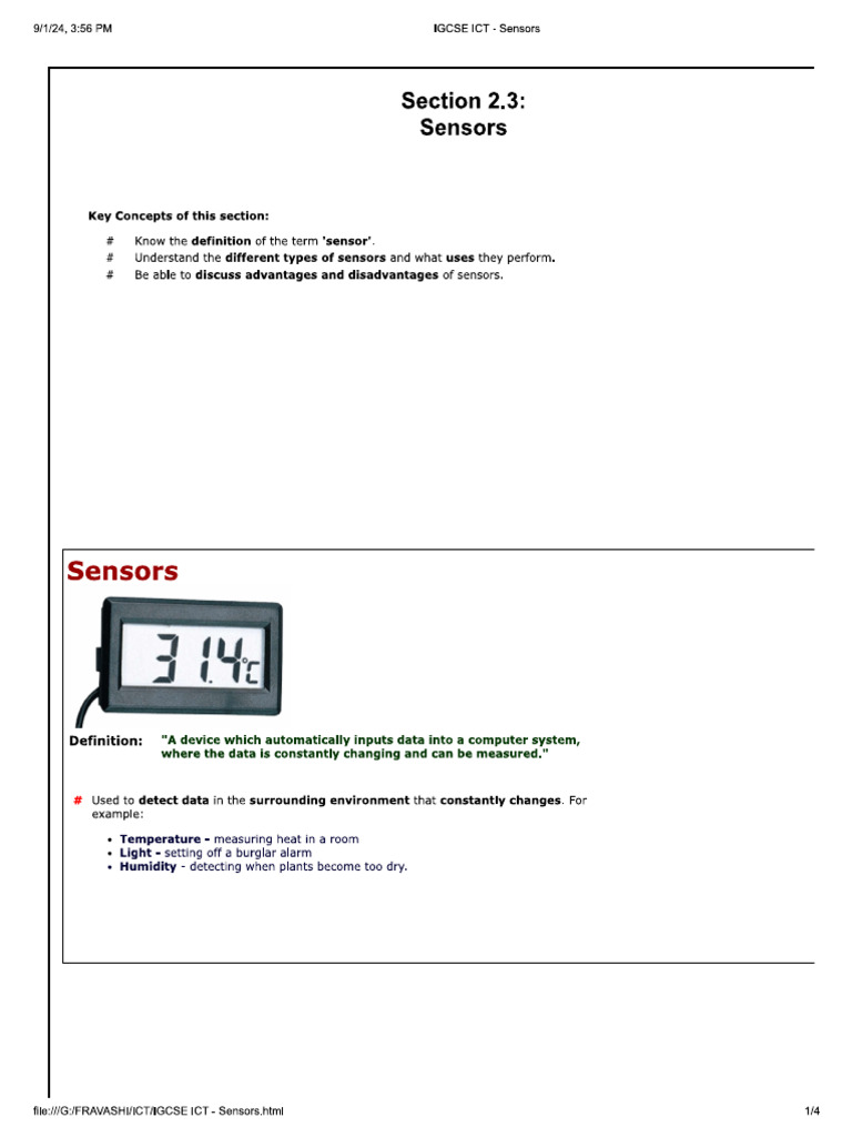IGCSE ICT Chapter 2 Input and Output Devices Part 2 Sensors Notes | PDF
