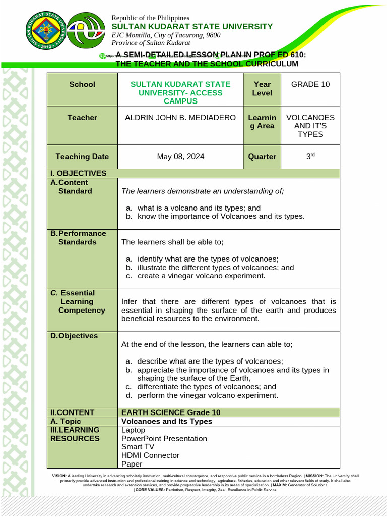 Detailed Lesson Plan Volcanoes | PDF | Volcano | Types Of Volcanic ...
