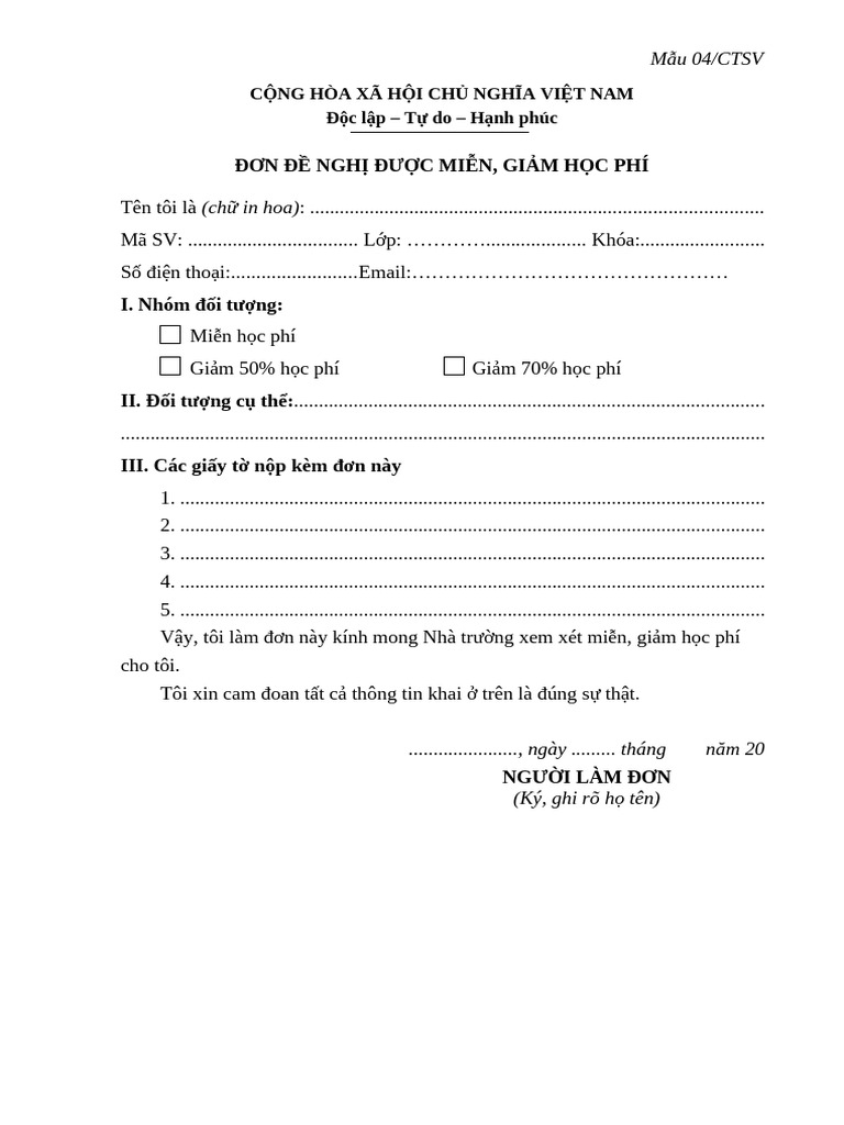 Don de Nghi Mien Giam Hoc Phi | PDF