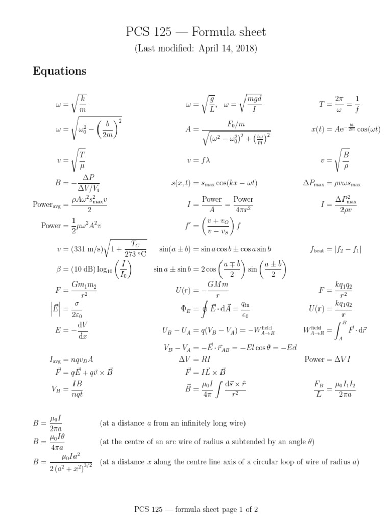 pcs125 Formula Sheet | PDF | Electronvolt | Applied And Interdisciplinary Physics