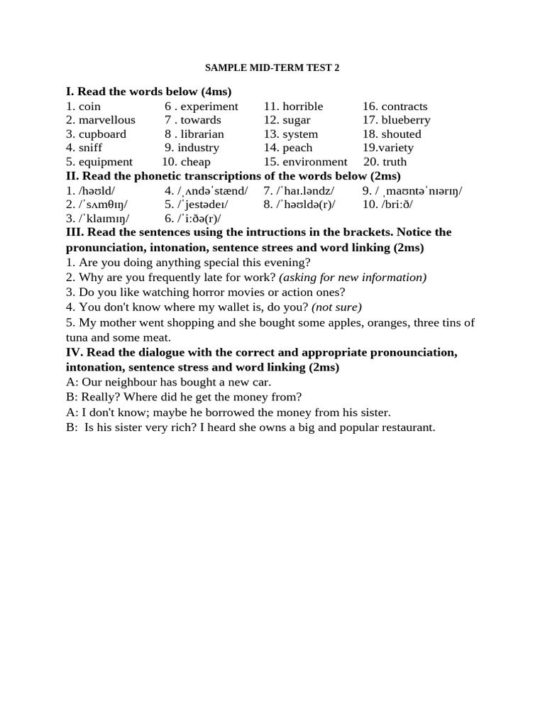 Mid-Term Test 2: Vocabulary & Pronunciation | PDF