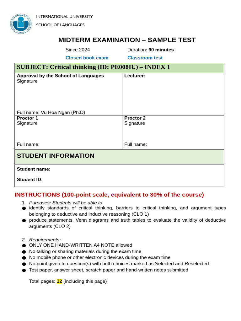 Critical Thinking Sample Test - Midterm Exam Since 2024 | PDF ...