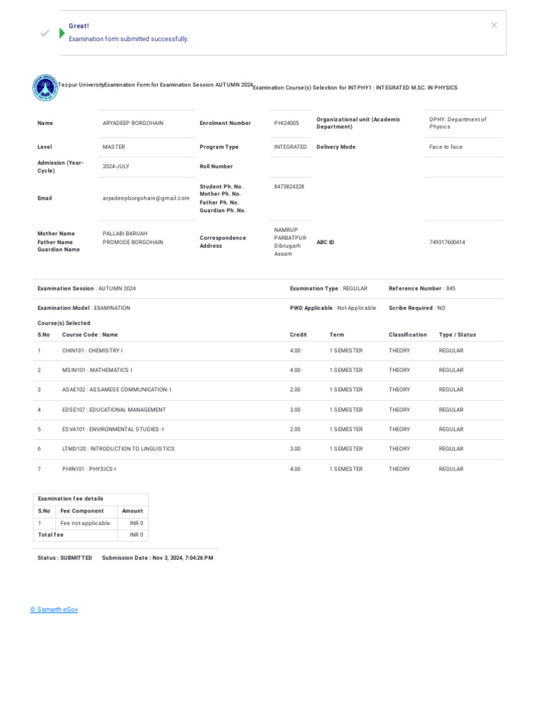 Exam Form 1st Sem Samarth | PDF