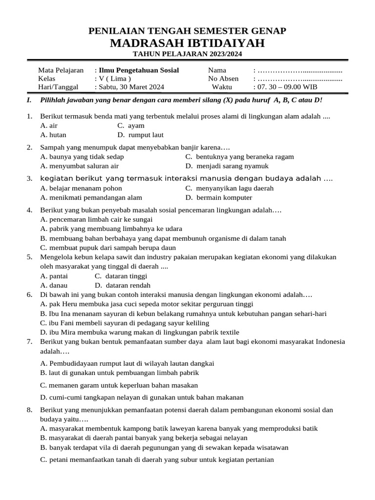 Soal PTS GENAP IPS KELAS 5 TP. 2023-2024 | PDF