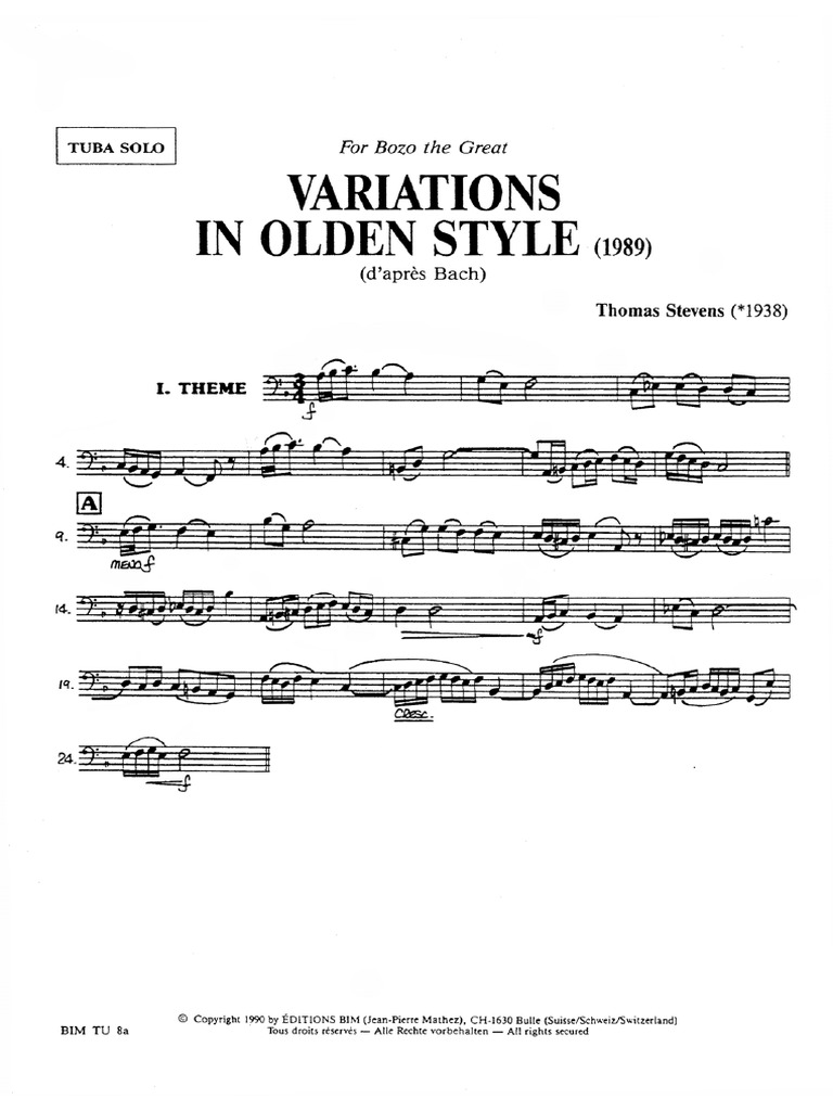 Stevens, Thomas. Variatons in Olden Style (Tuba & Keyboard) | PDF