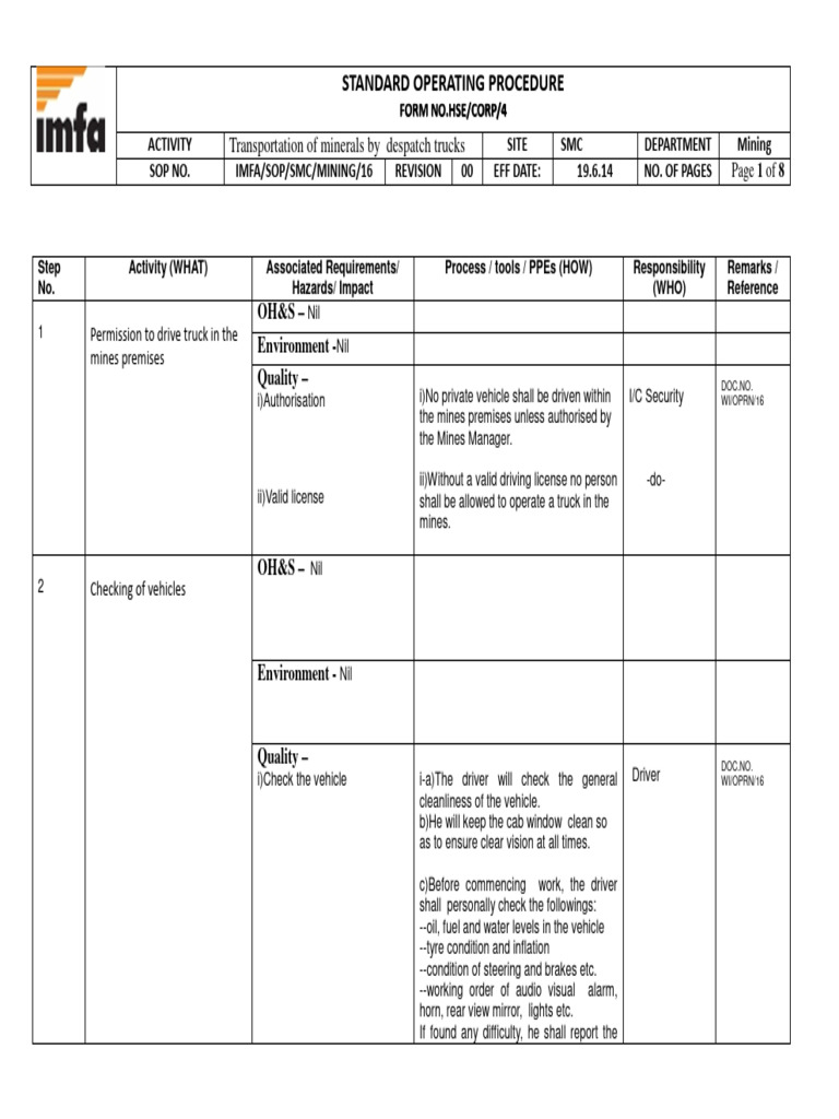 SOP-Ore Despatch by Trucks | PDF | Truck | Traffic