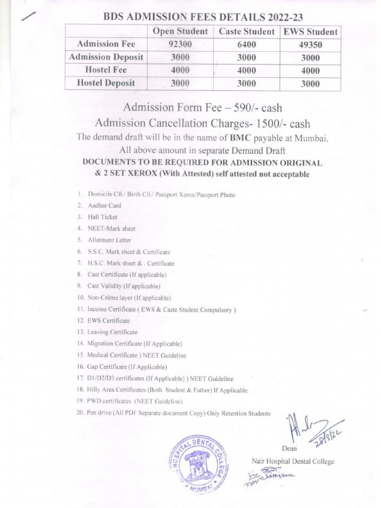 Bds Admission Fees Details - 2022-2023 | PDF
