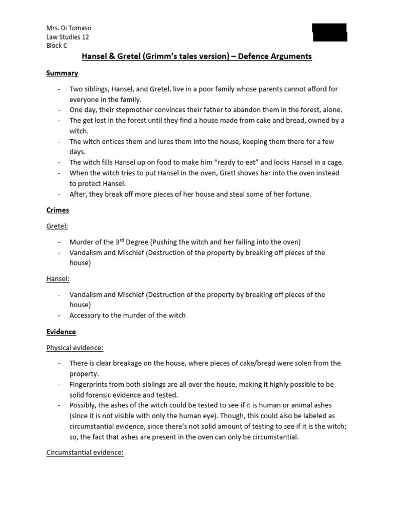 Hansel & Gretel: Legal Defense Analysis | PDF | Hansel And Gretel ...