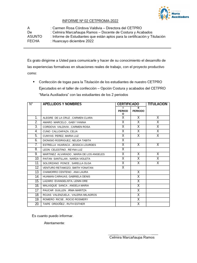 Informe #02 Aptos para La Titulación | PDF