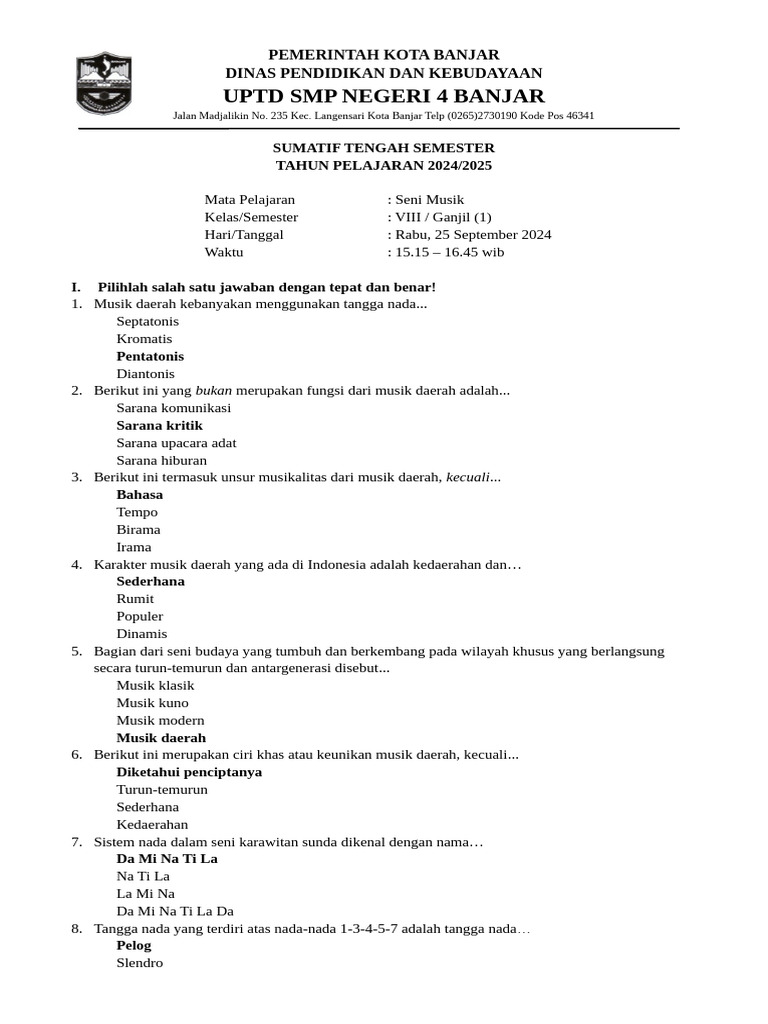 Soal STS Seni Musik SM1 | PDF | Kajian Bahasa Asing | Seni