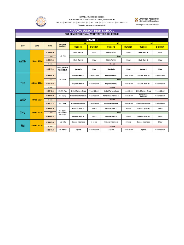Grade 8 Final Test Schedule - Sem 1 AY 2024 | PDF
