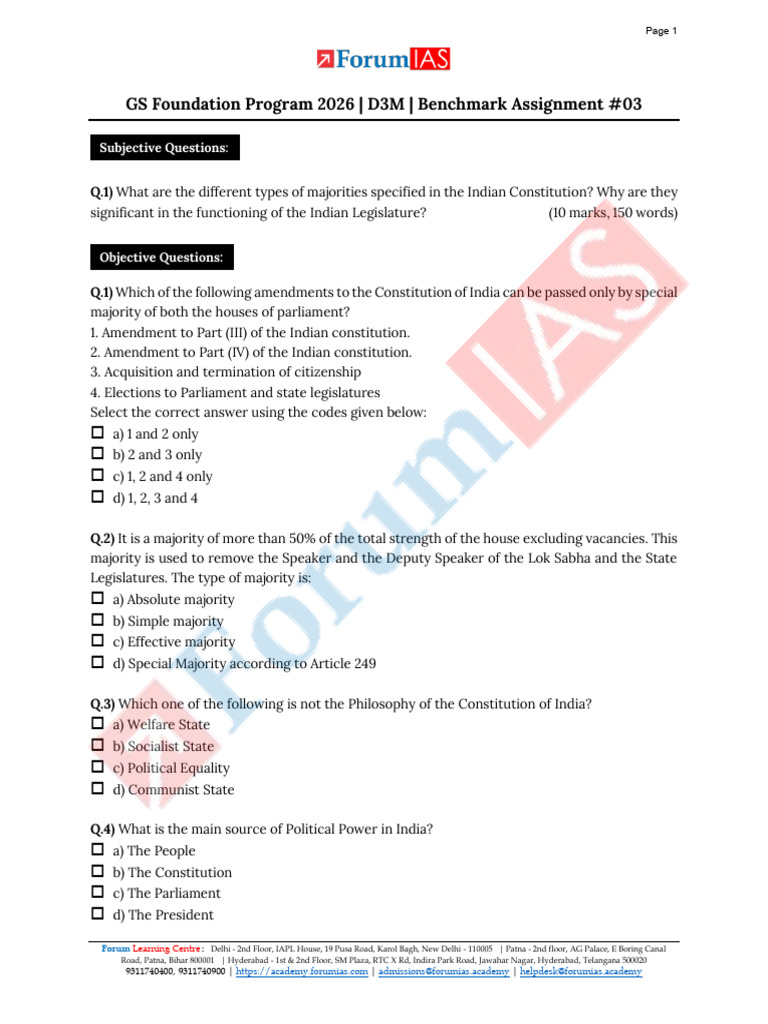 GS Foundation 2026 D3M Assignment 03 QP | PDF | Political Charters | Legal Documents
