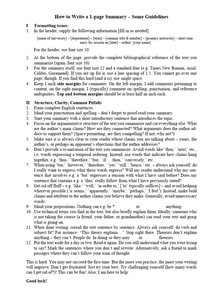 How To Write A 1 Page Summary Some Guidelines | PDF | Linguistics