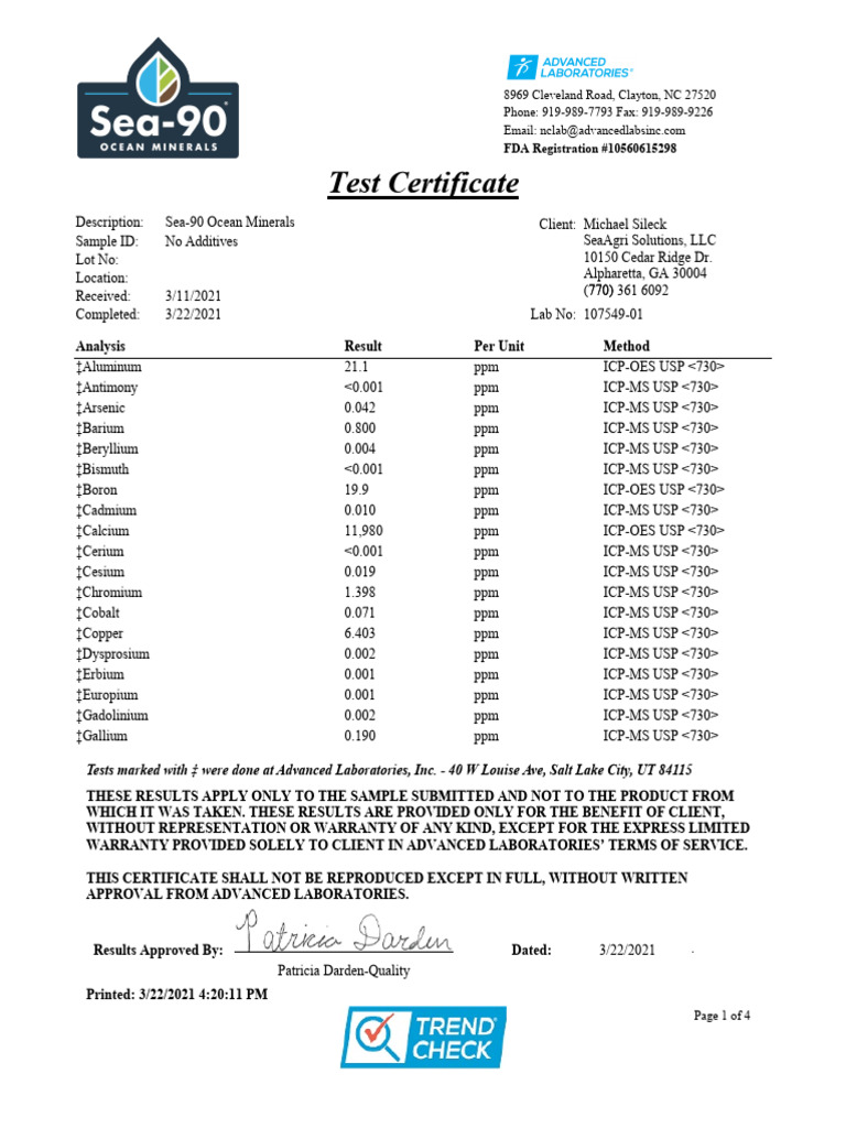 Sea-90 Ocean Minerals Test Results | PDF | Chemical Elements | Atoms