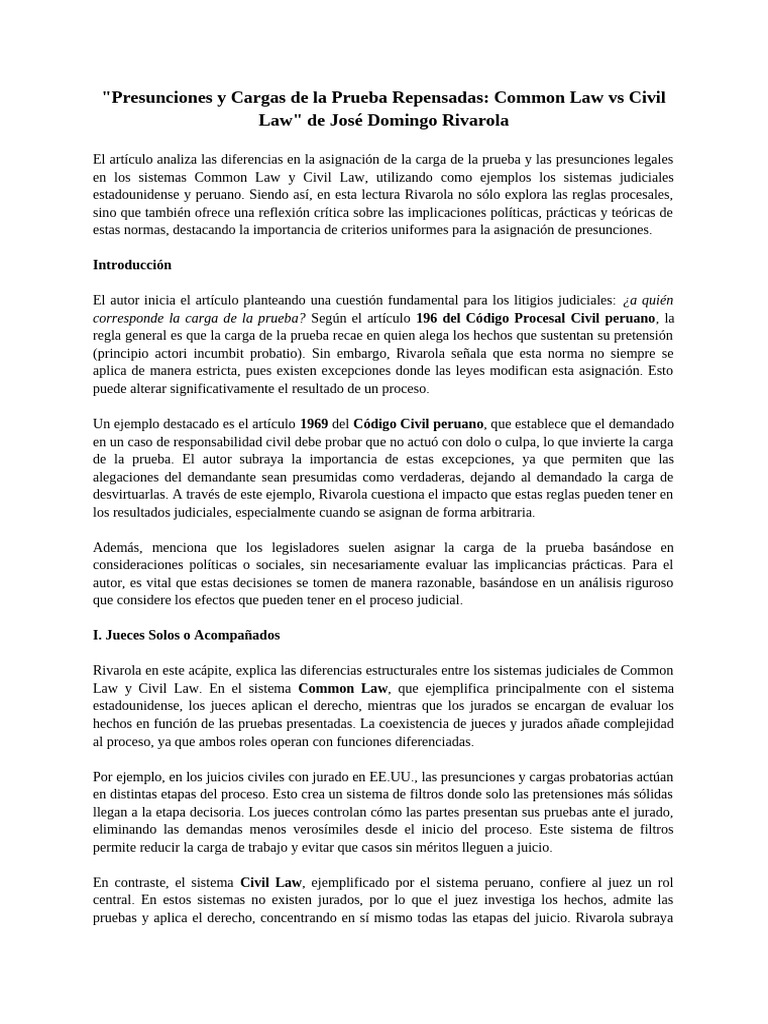 Rivarola, Domingo. ¿Actori Incumbit Probatio - Presunciones y Cargas de ...