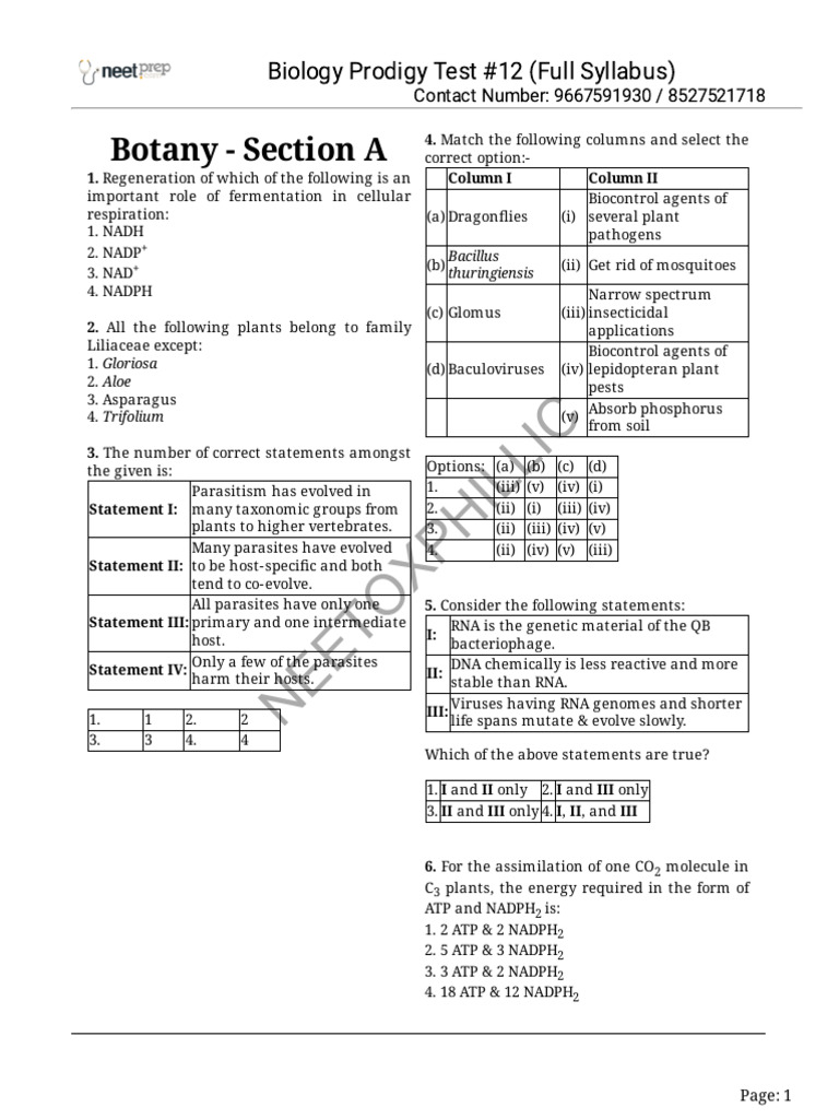 Biology Prodigy Test #12 (Full Syllabus) | PDF | Biology