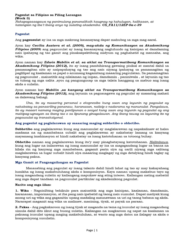 Ang Pagsulat NG Paglalarawan Ay Maaaring Maging Subhetibo o Obhetibo | PDF