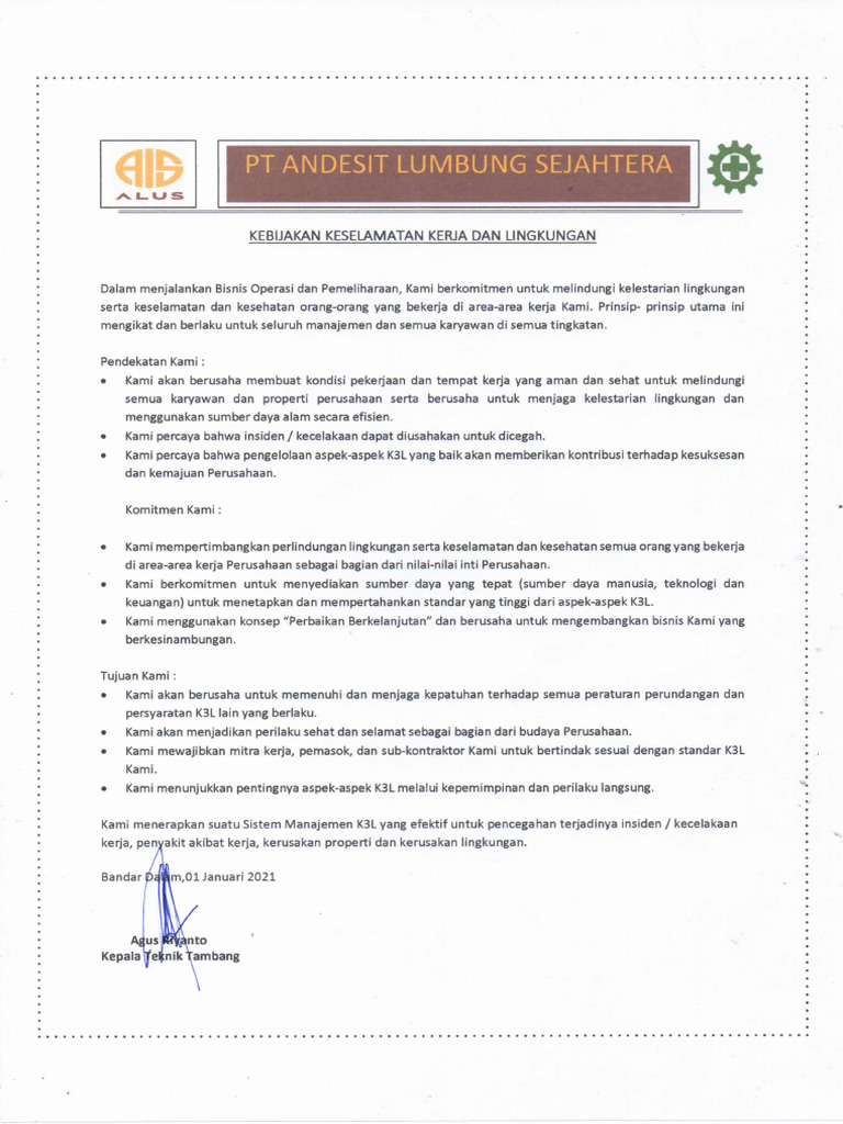I. Kebijakan K3L Dan Surat Komitmen K3L | PDF