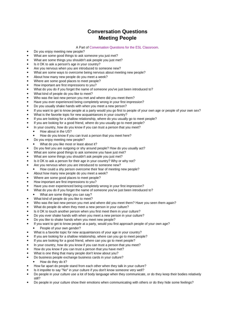 ESL Conversation Questions: Meeting People | PDF | Body Language ...
