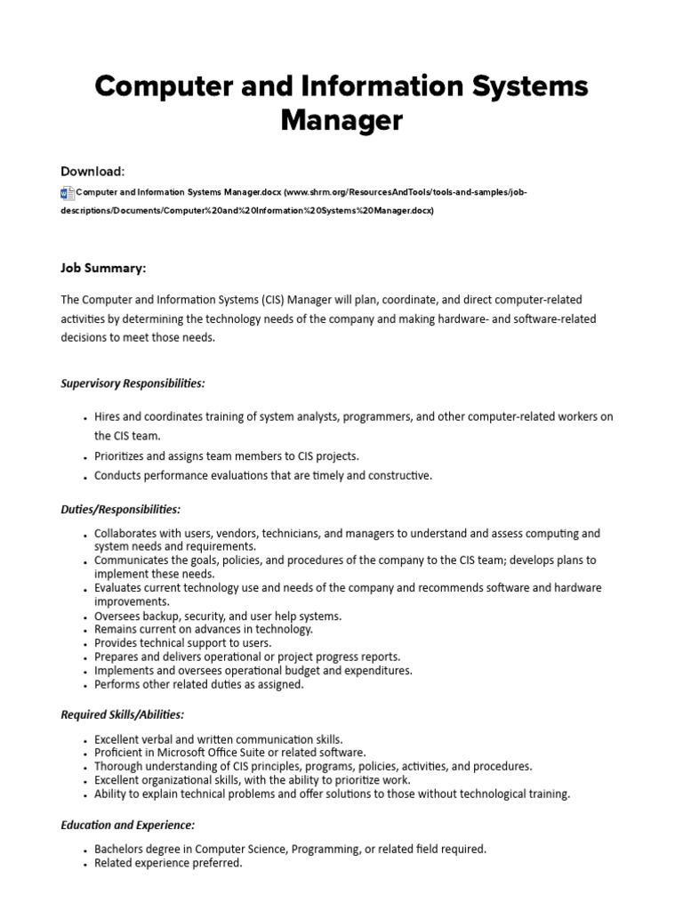 Computer and Information Systems Manager | PDF | Technical Support | Computing