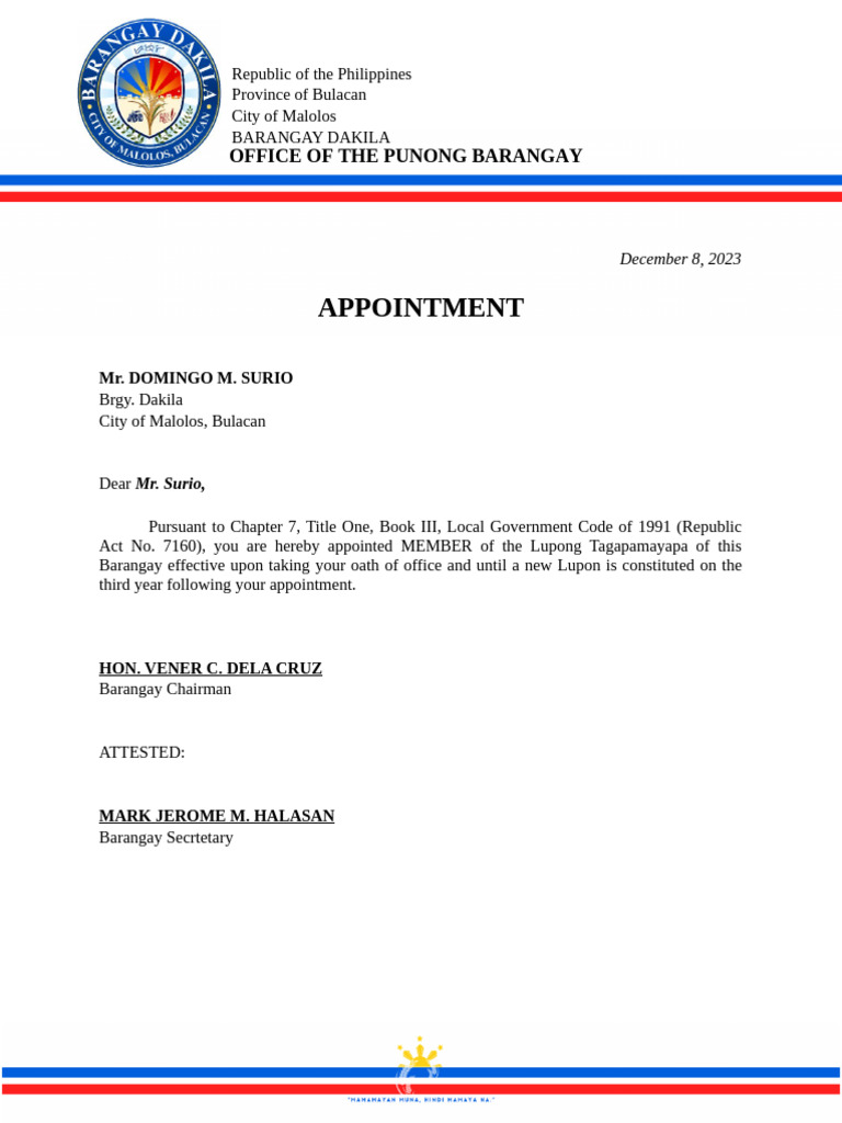APPOINTMENT LUPON (AutoRecovered) | PDF | Oath Of Office | Government Institutions