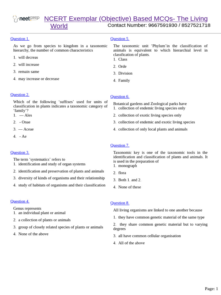 The Living World - NCERT Exemplar (Objective) Based MCQs | PDF | Taxonomy (Biology) | Species