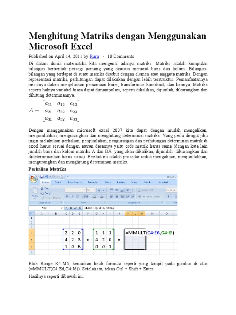 Menghitung Matriks Dengan Menggunakan Microsoft Excel | PDF